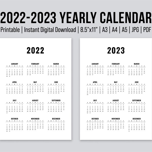 2022 2023 Printable Yearly Calendar - Etsy