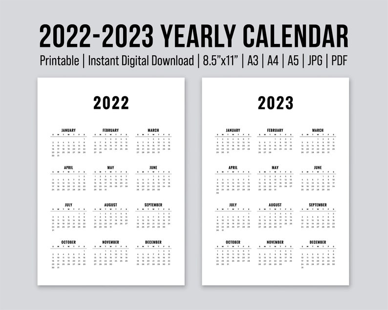 Printable 2022-2023 Yearly Calendar Digital Calendar Single-page ...
