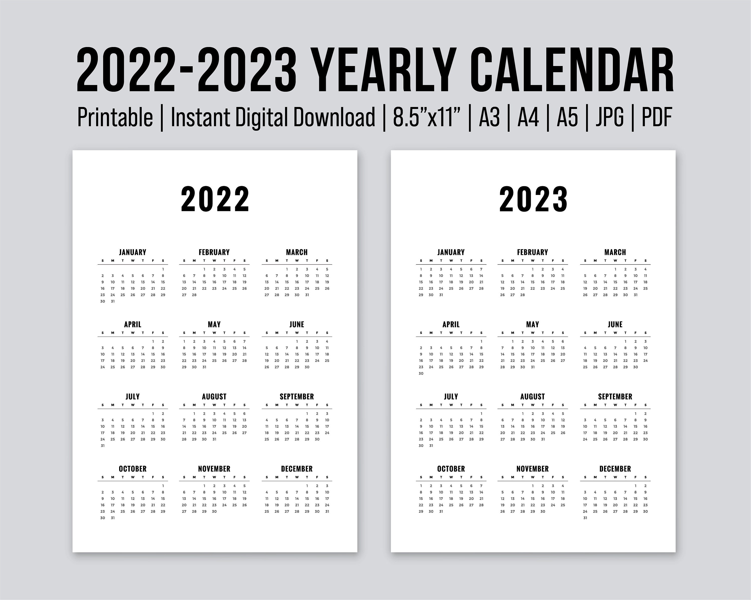 Printable 2022-2023 Yearly Calendar Digital Calendar Single-page ...