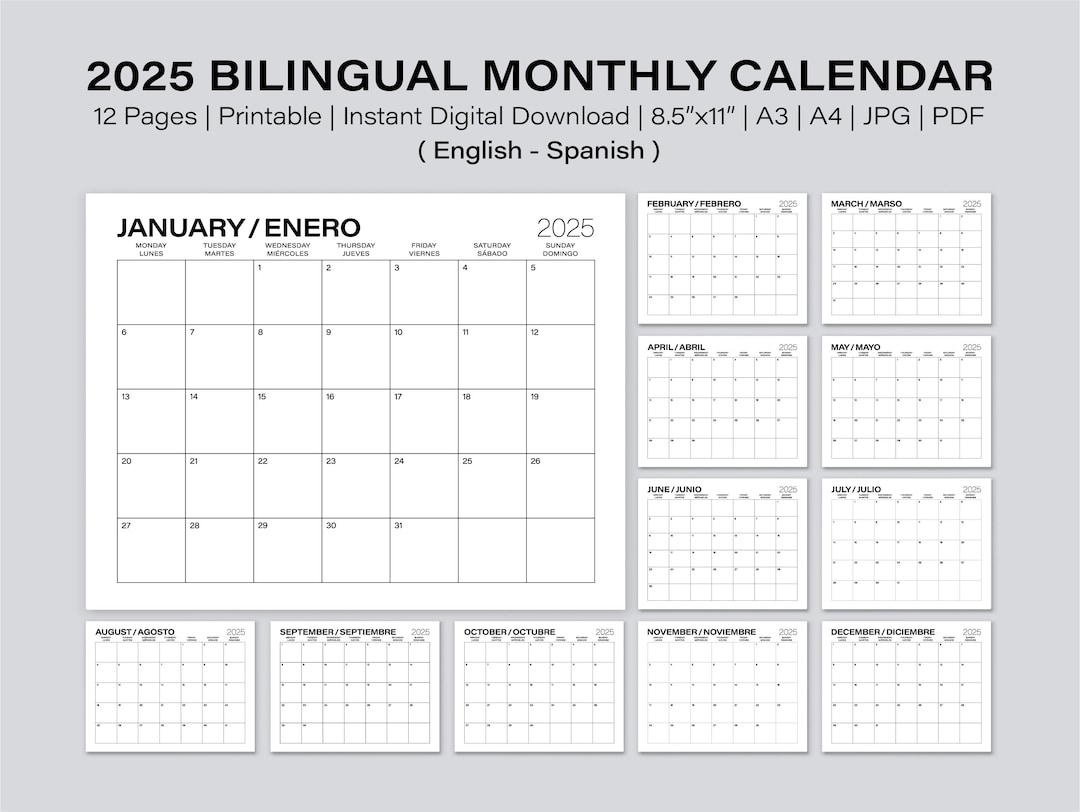 Printable 2025 Bilingual Monthly Calendar. Calendario Inglés-español ...