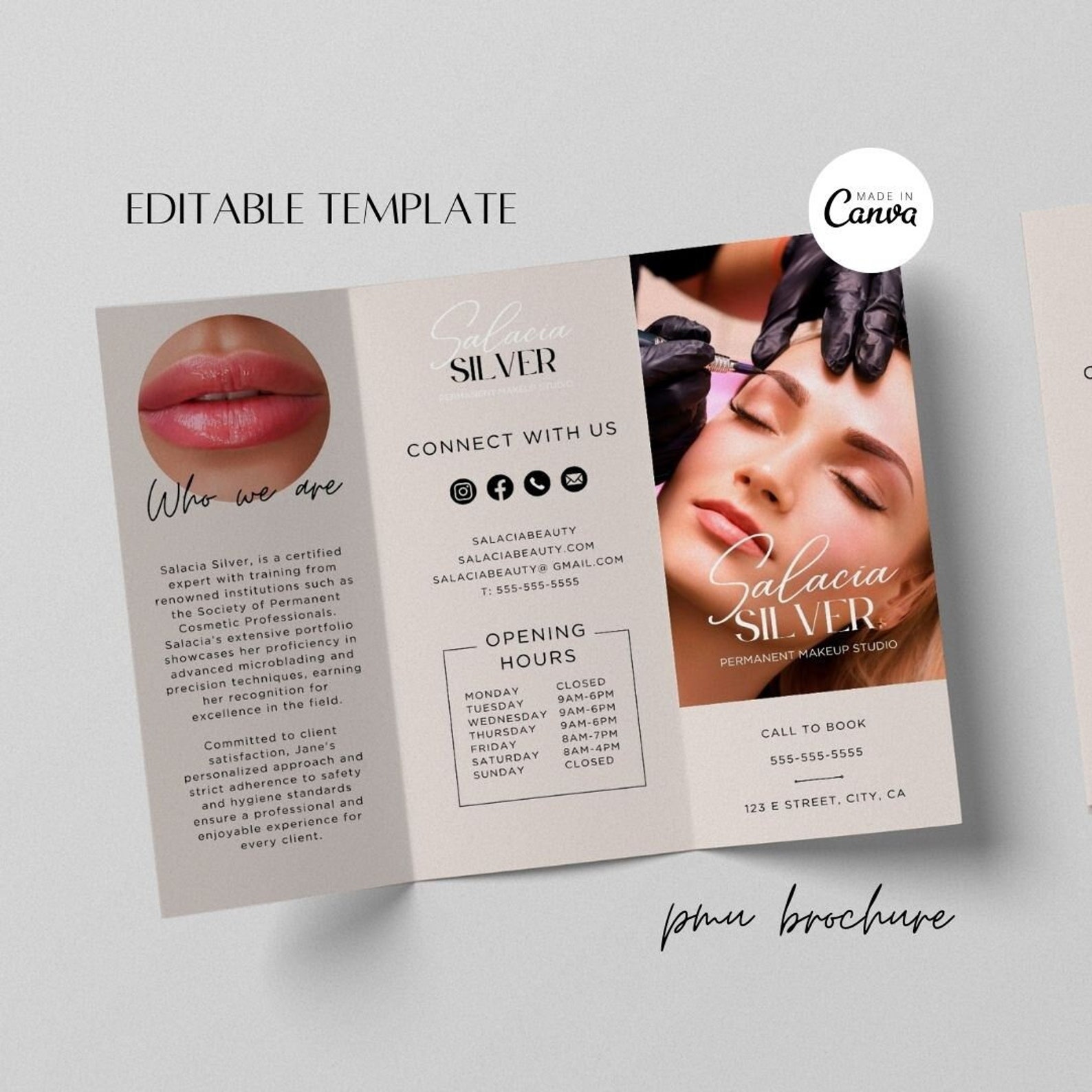 Minimalist PMU Trifold Brochure Template, Editable Beauty Salon Price ...