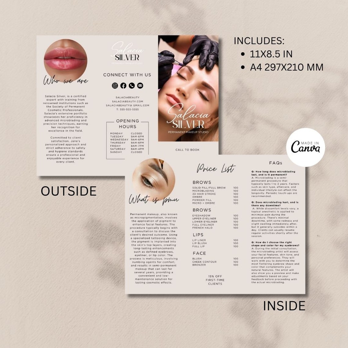 Minimalist PMU Trifold Brochure Template, Editable Beauty Salon Price ...