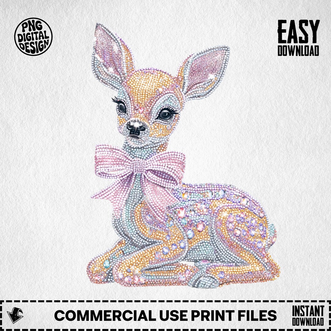 Rhinestone Deer PNG, Faux Gemstone Clipart, Bambi With Bow, Sublimation ...
