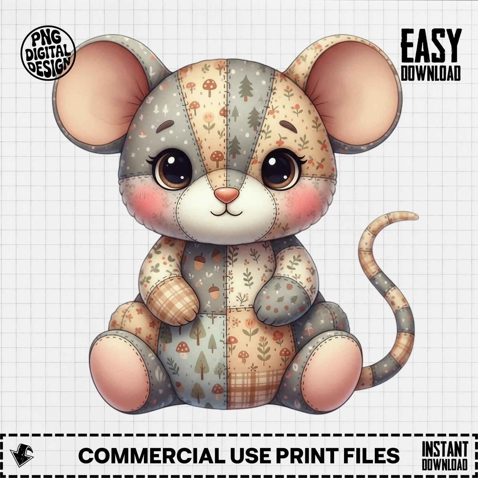 Patchwork Mouse PNG, Quilted Clipart for T-shirt Sublimation Designs ...