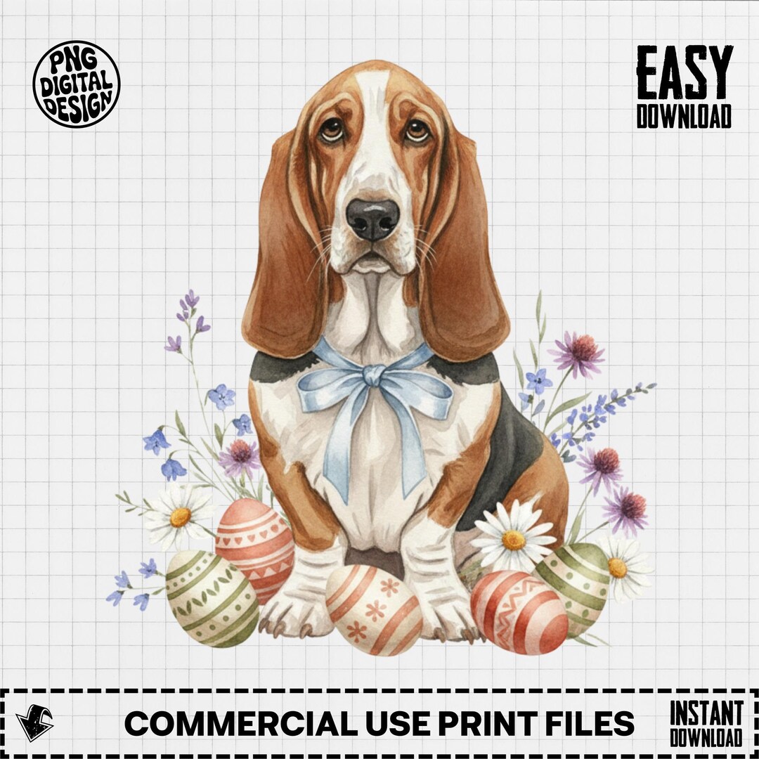Basset Hound Easter PNG, Watercolor Puppy With Eggs and Flowers for ...