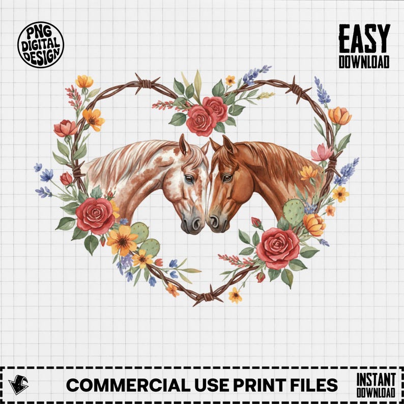 Watercolor Horses in Love PNG, Floral Heart Clipart (digital Download ...