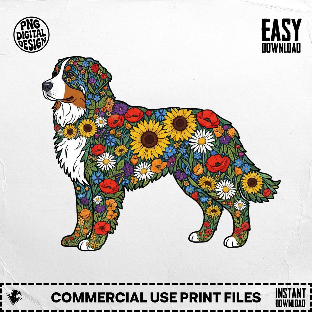 Floral Bernese Mountain Dog PNG, Flower Dog Clipart (digital Download ...