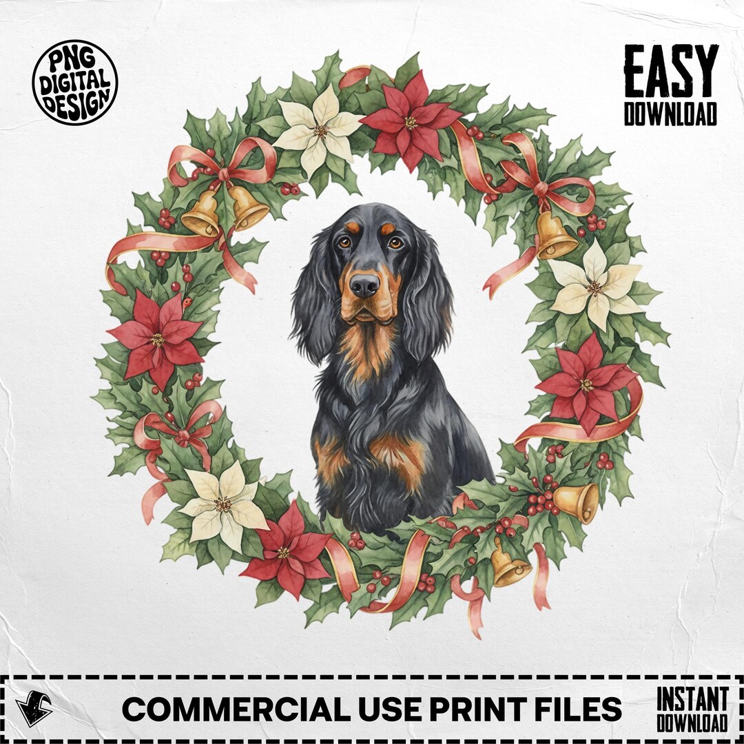 Gordon Setter Christmas Wreath Watercolor Clipart, Holiday PNG (digital ...