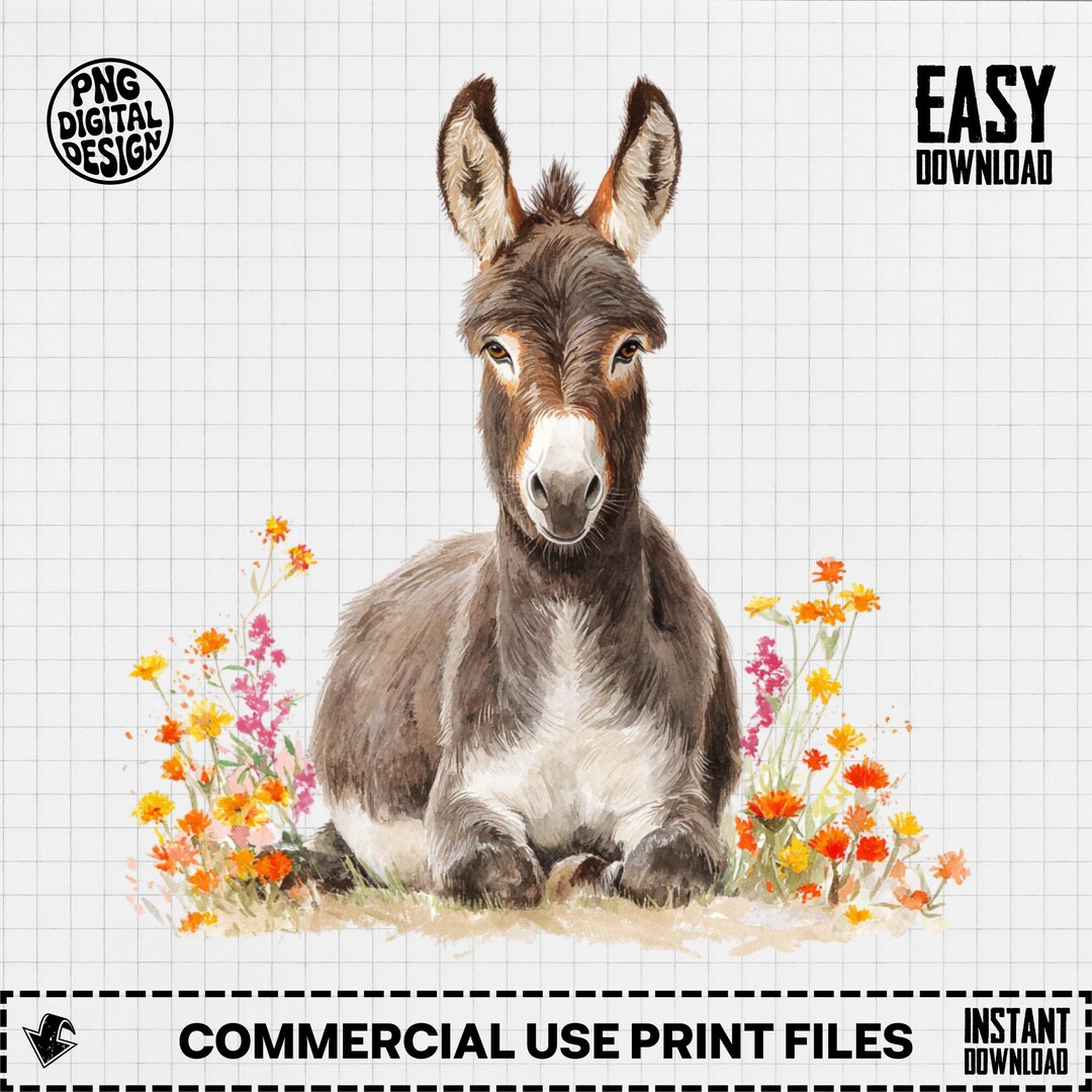 Donkey Watercolor PNG, Cute Lying Donkey Clipart, Wildflower Floral ...