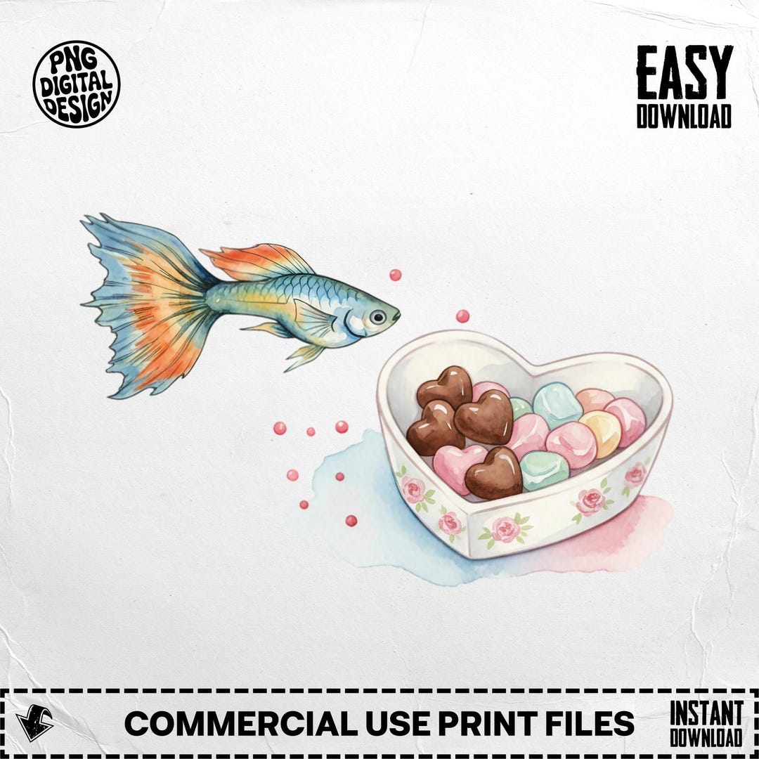 Guppy Fish Candy Heart, Watercolor Clipart for Valentine Sublimation ...