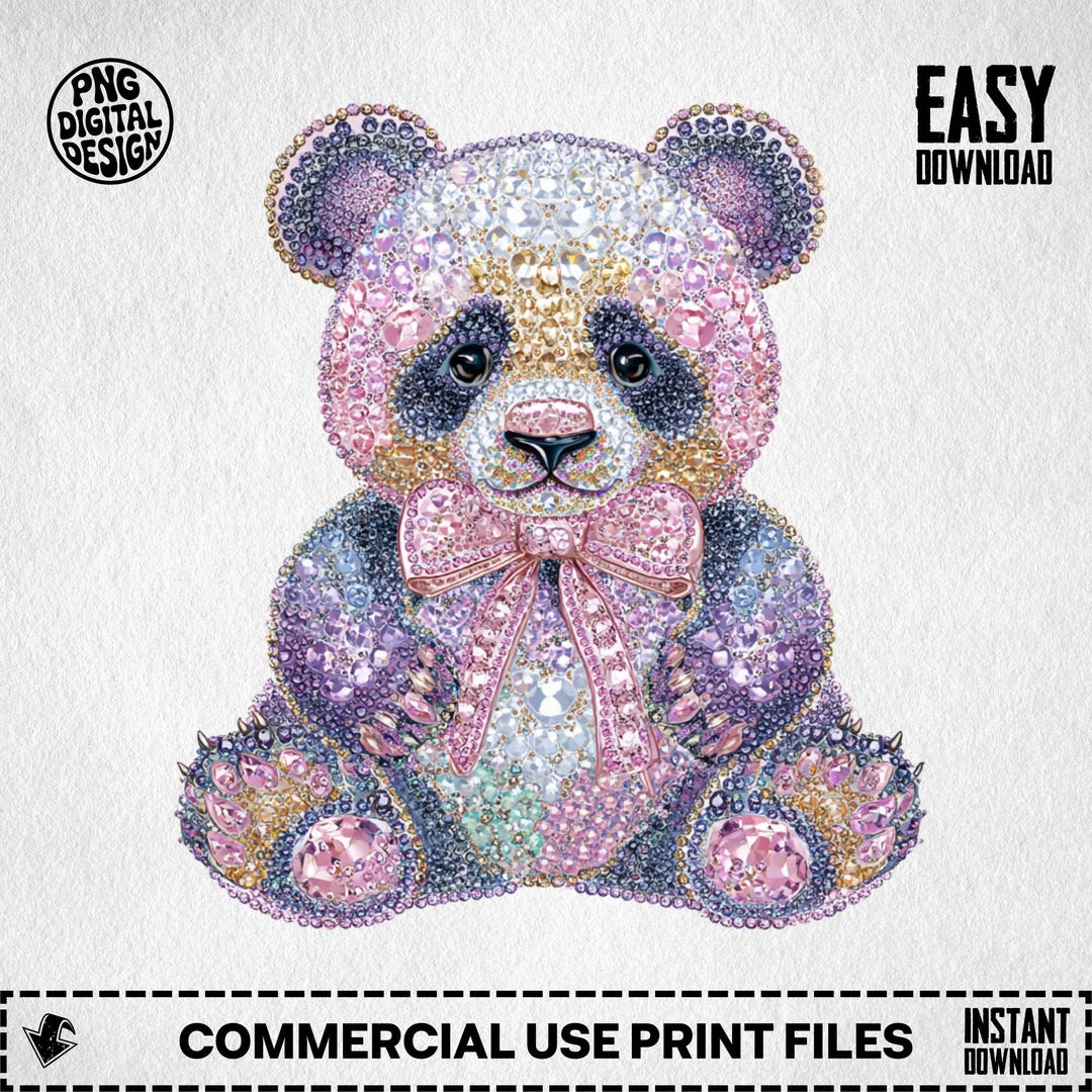 Rhinestone Panda PNG, Faux Gemstone Clipart, Bow Panda, Sublimation PNG ...