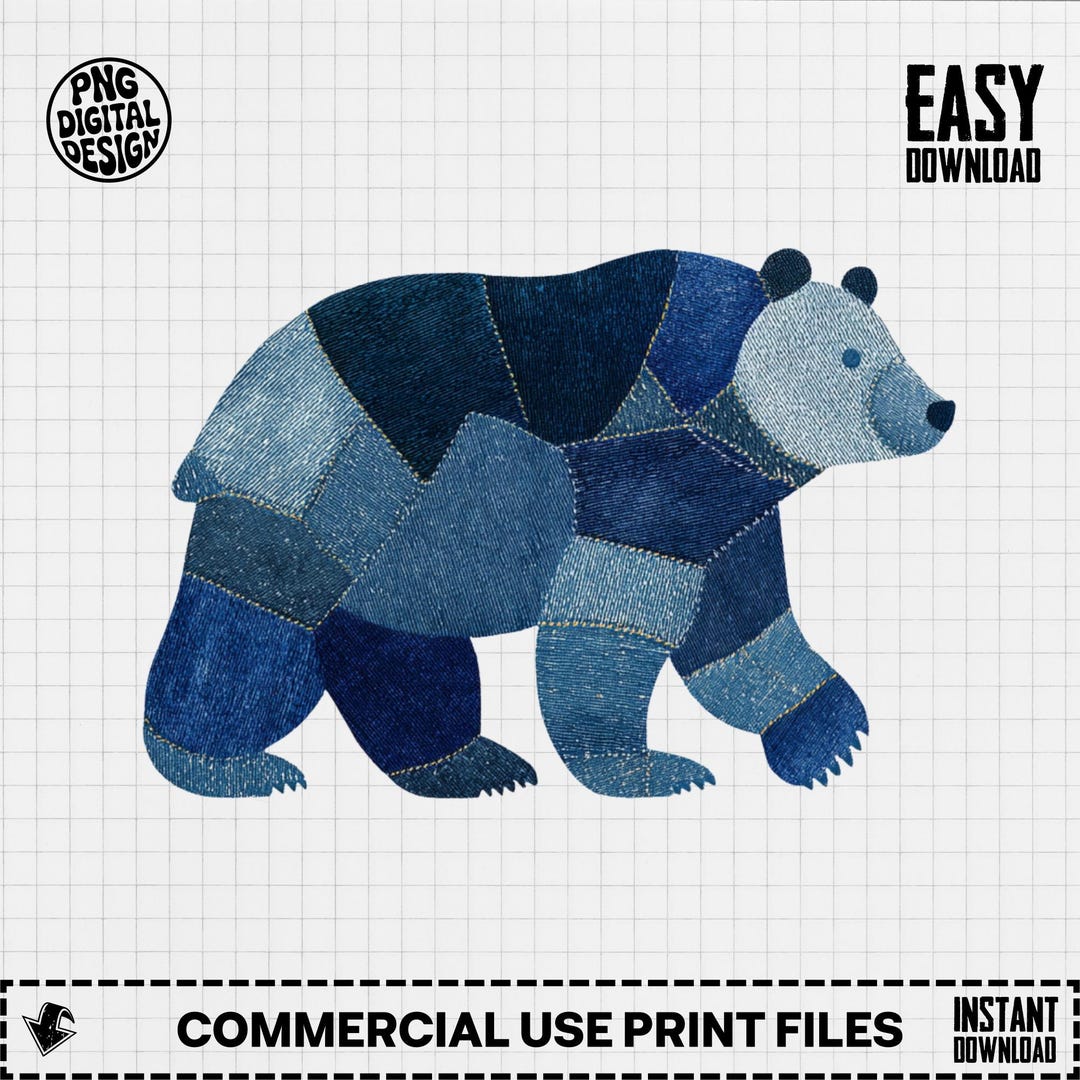 Faux Patchwork Denim Bear PNG Retro Denim Bear Clipart Digital Download ...