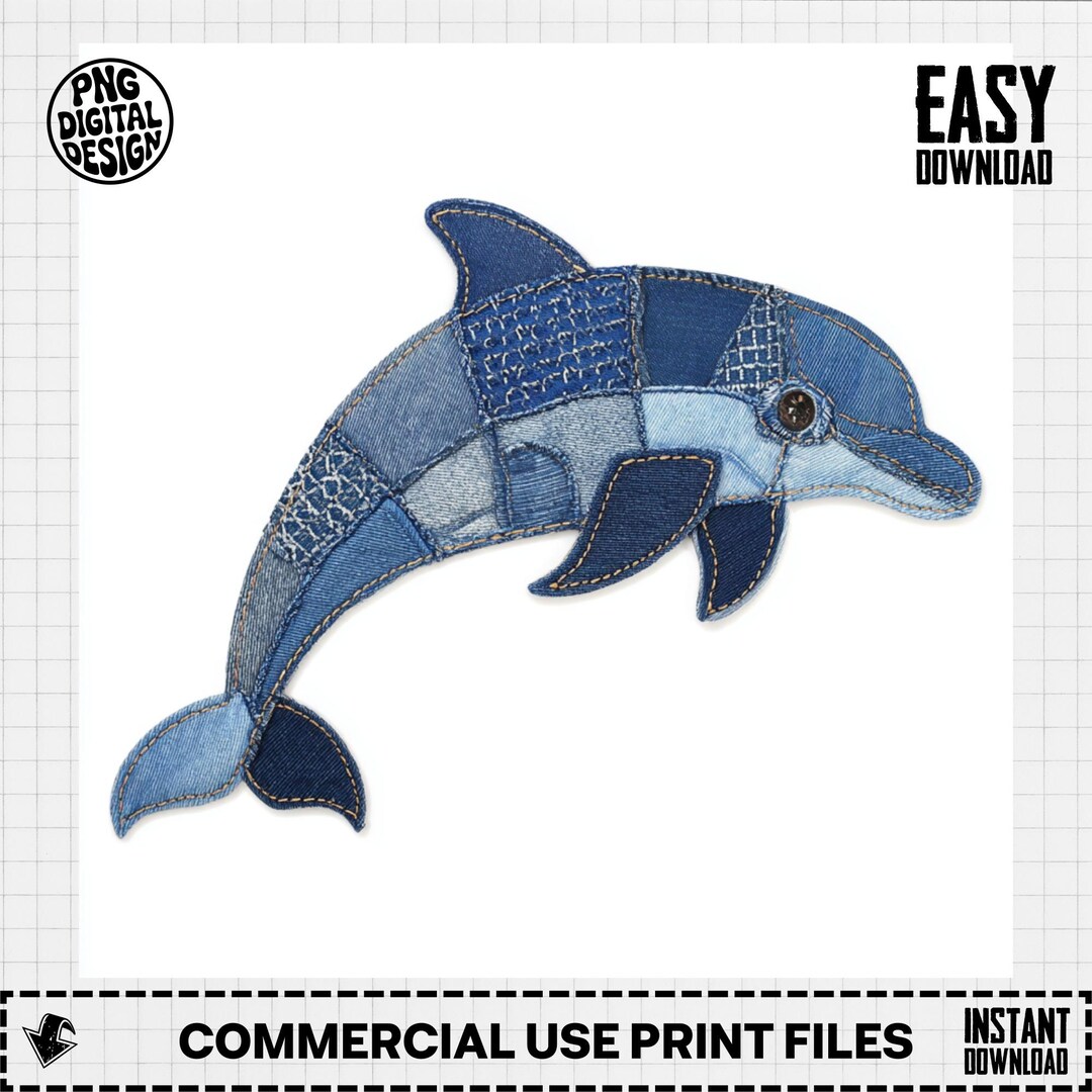 Faux Denim Patchwork Dolphin PNG for Sublimation or Printing With a ...