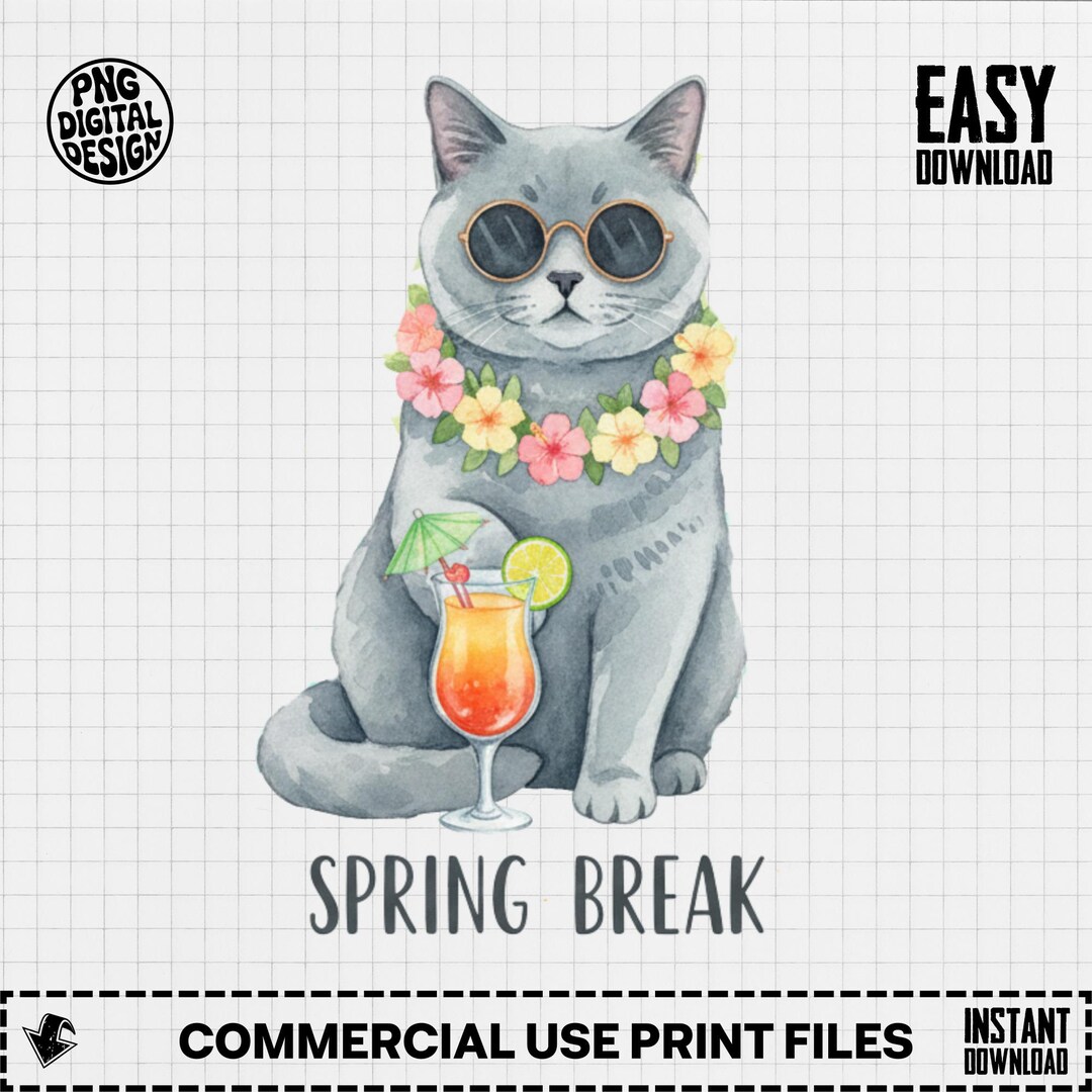 Watercolor Cat Clipart, Summer Cocktail, Spring Break PNG (digital ...