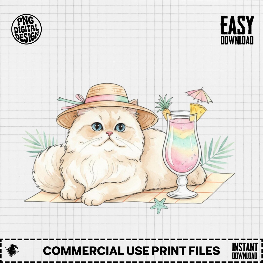 Watercolor Persian Cat Clipart, Summer Cocktail PNG (digital Download ...