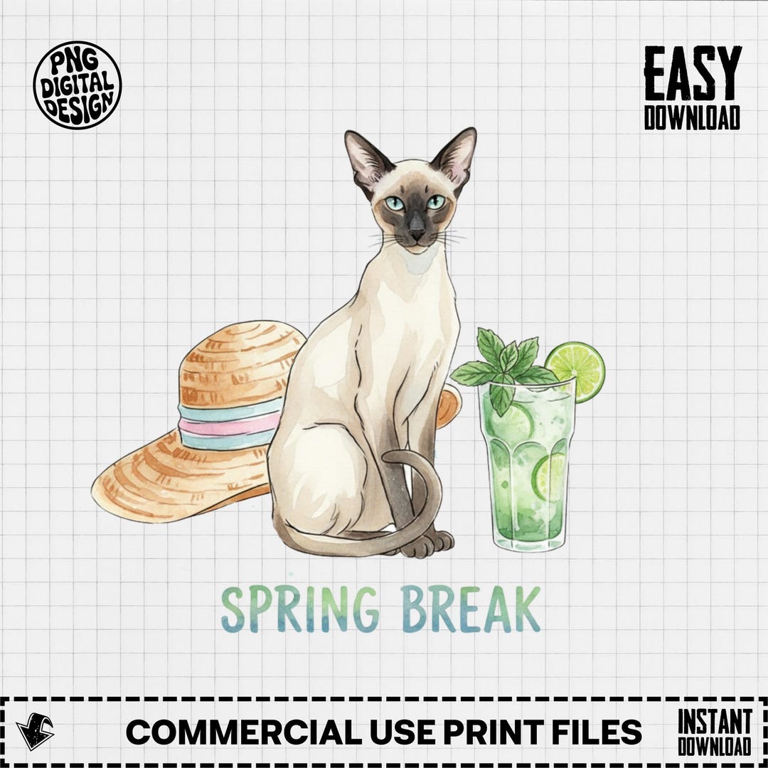 Watercolor Siamese Cat PNG, Spring Break Drink, DIY Sublimation ...