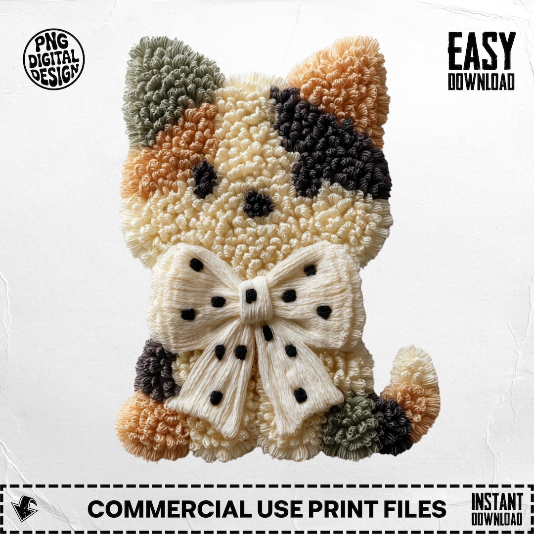 Faux Yarn Calico Cat PNG Coquette Bow Tie Latch Hook - DTF Design ...