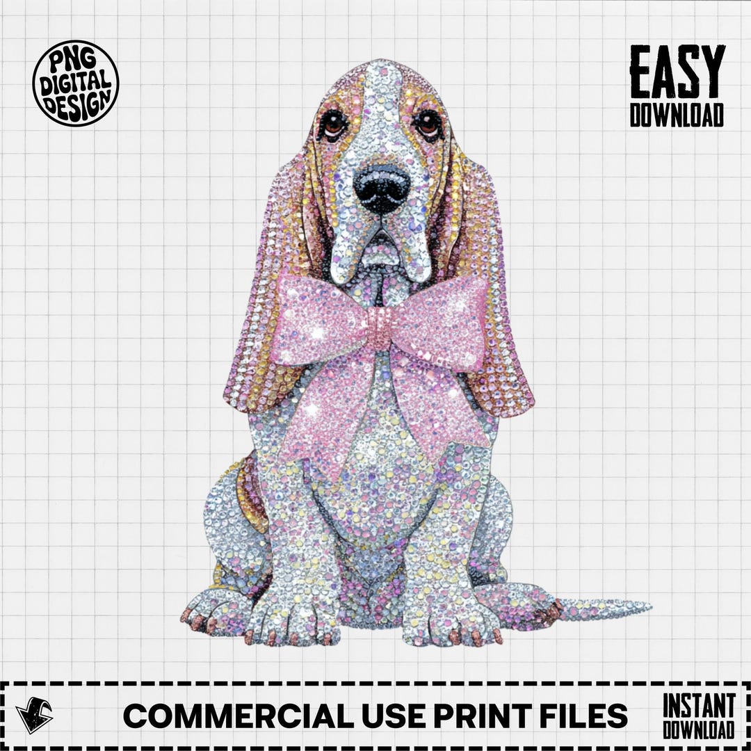 Rhinestone Basset Hound PNG, Faux Gem Dog Clipart, Pink Bow Sublimation ...