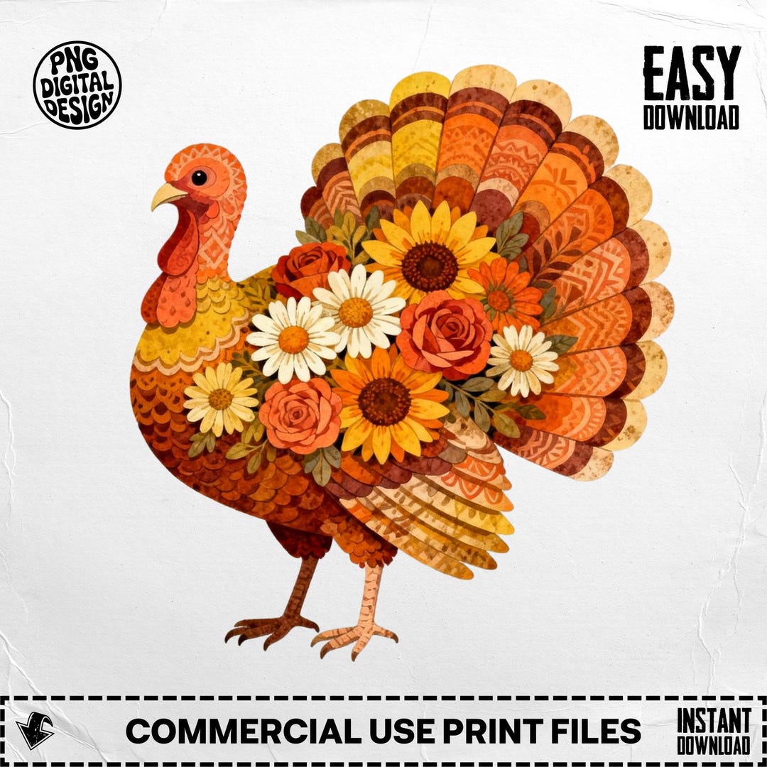 Floral Turkey PNG, Thanksgiving Png, Fall Turkey Clipart, Flower Turkey ...