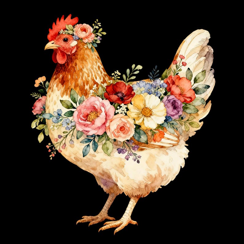 Floral Watercolor Chicken PNG, Farm Animal Clipart (digital Download ...