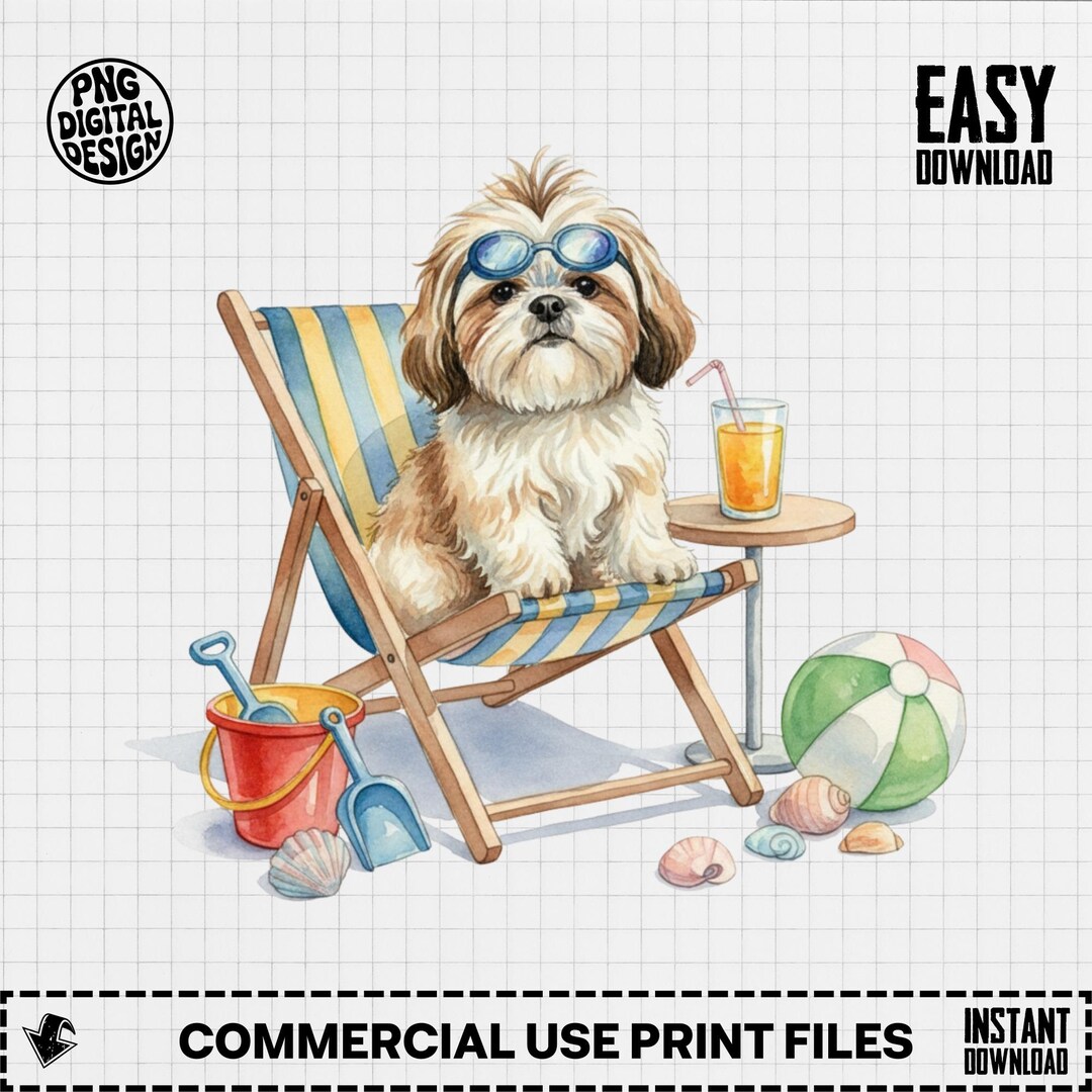 Shih Tzu Beach Clipart, Summer Puppy PNG, Watercolor Design (digital ...