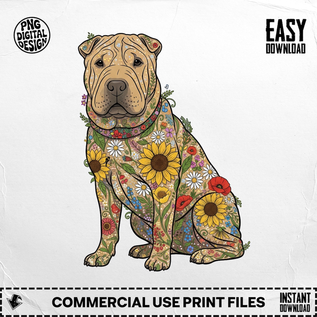 Shar Pei PNG, Floral Dog Clipart, Flower Dog Png, Dog Sublimation Png ...