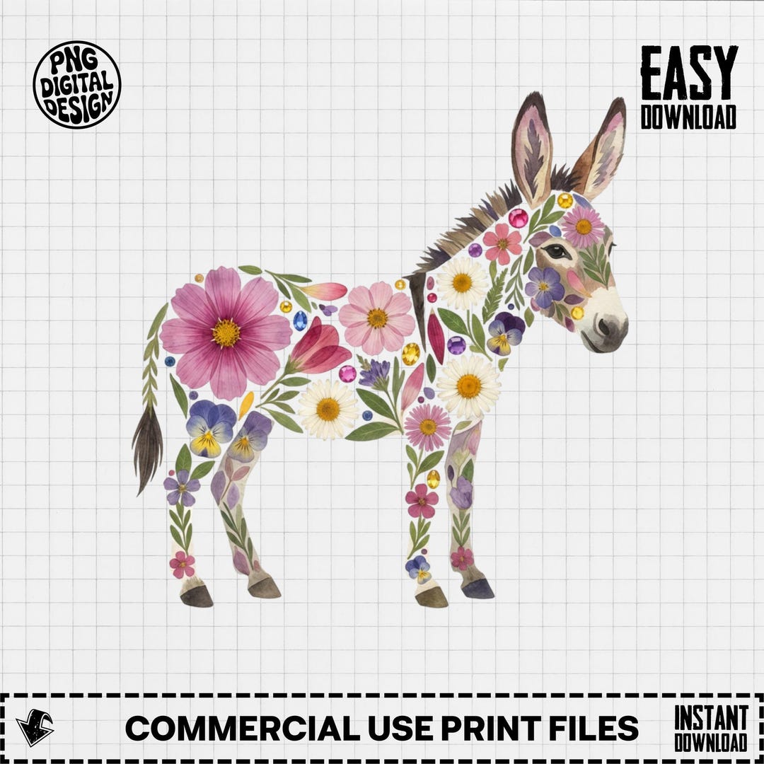 Floral Donkey Pressed Flower PNG, Cute Donkey Clipart for Sublimation ...