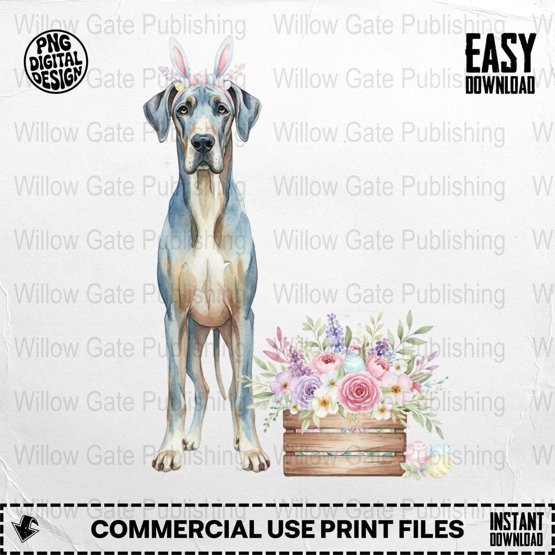 Great Dane Easter PNG, Dog With Bunny Ears Clipart, Watercolor Floral ...