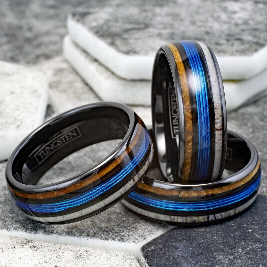 Black Tungsten Hunting Red Fishing Line Men's Ring Oak Whiskey Barrel ...