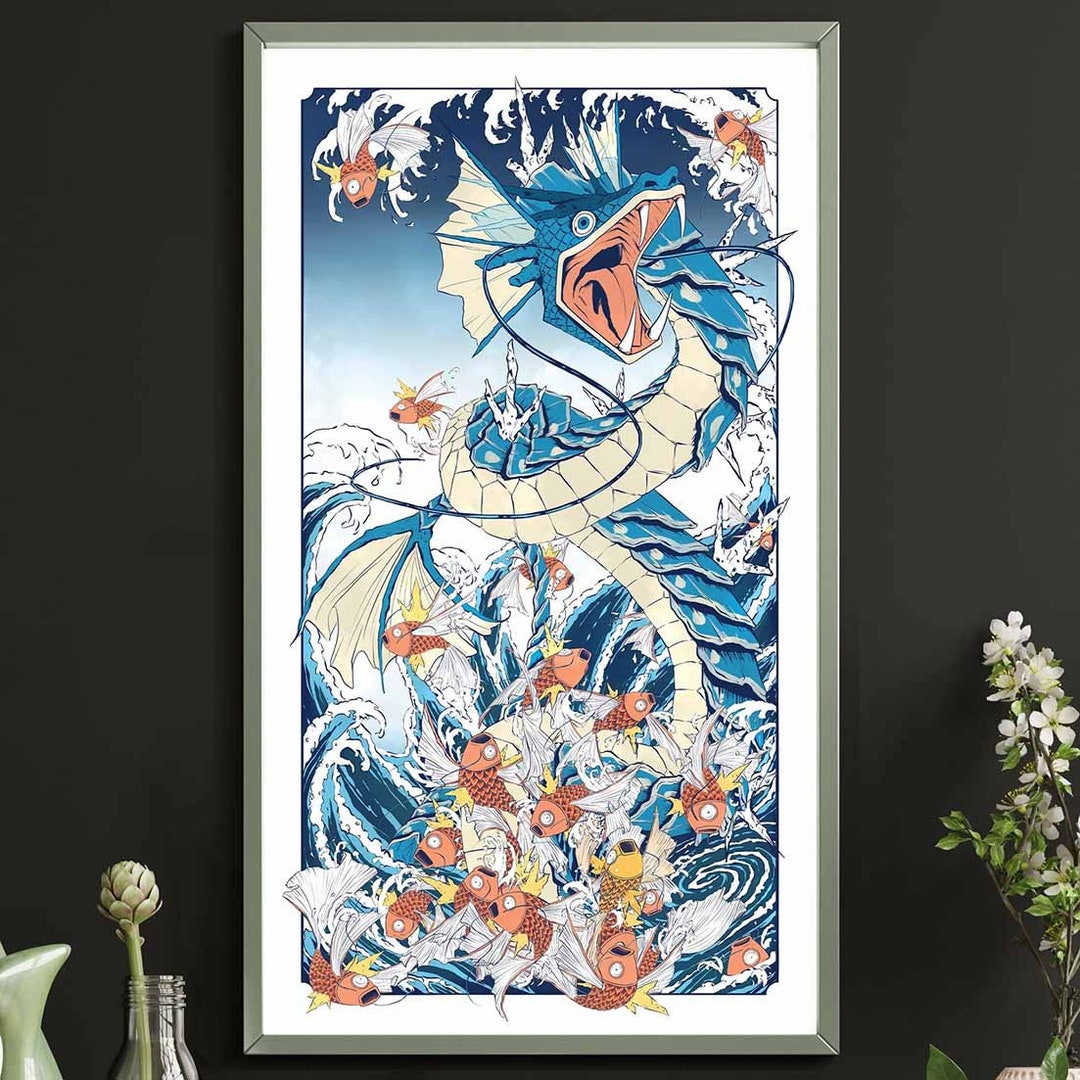Gyarados & Magikarp - Large Print - Ukiyo-e Inspired Pokemon, 10 X 18 ...