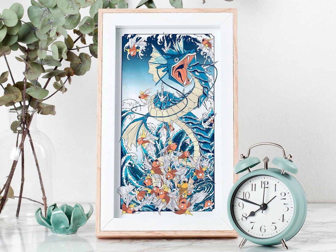 Gyarados & Magikarp - Small Print - Ukiyo-e Inspired Pokemon, 5 X 9 ...