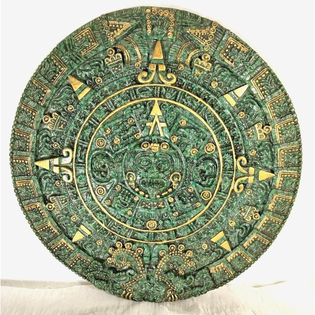 Vintage Mayan Aztec Calendar Sun Stone Malachite Green Gold Wall Art ...