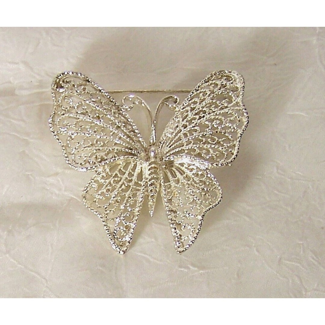 MJ ENT Filigree Curl Butterfly Silver Tone Brooch Pin Vintage Estate - Etsy