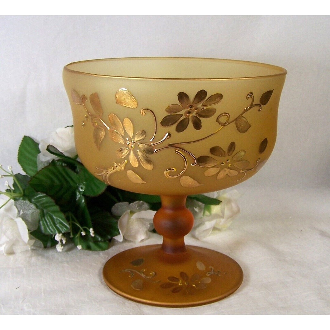 Satin Glass Golden Amber Pedestal Dish Flowers and Vines Vintage Lovely ...