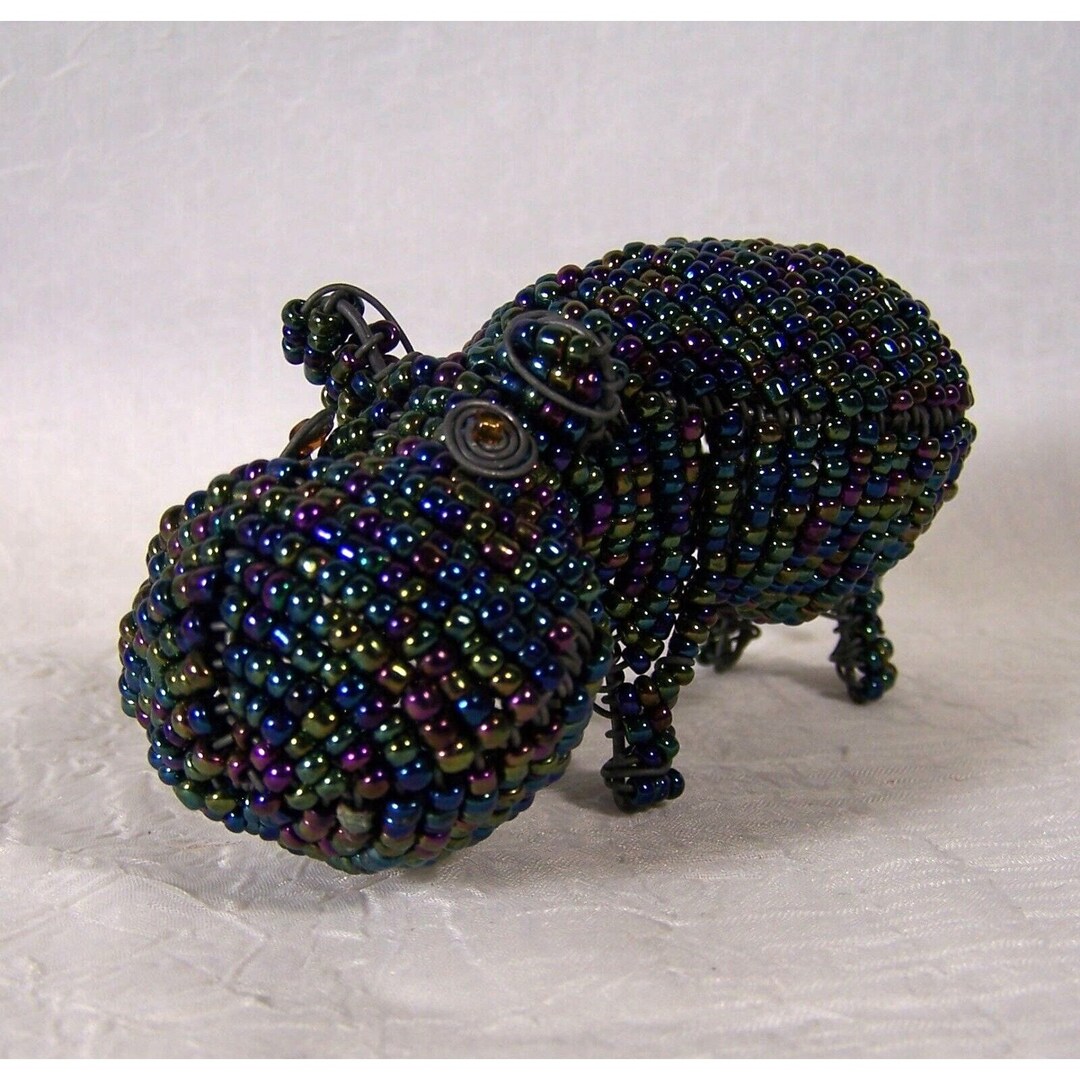 African Beaded Wire Hippo Sculpture Blue Iris Colored Beads, 5 - Etsy