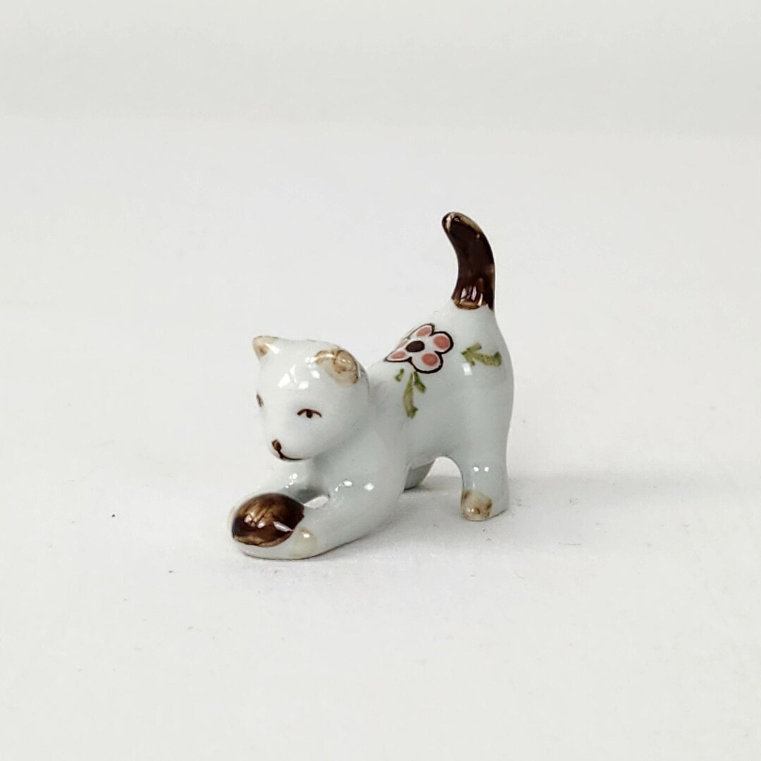 Miniature Porcelain Cat Figurine Hand Painted White & Brown Floral ...