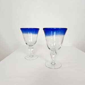 Pier 1 Vtg Mexican Glass Cobalt Blue Rim Goblets Wine Glasses Set of 2 ...
