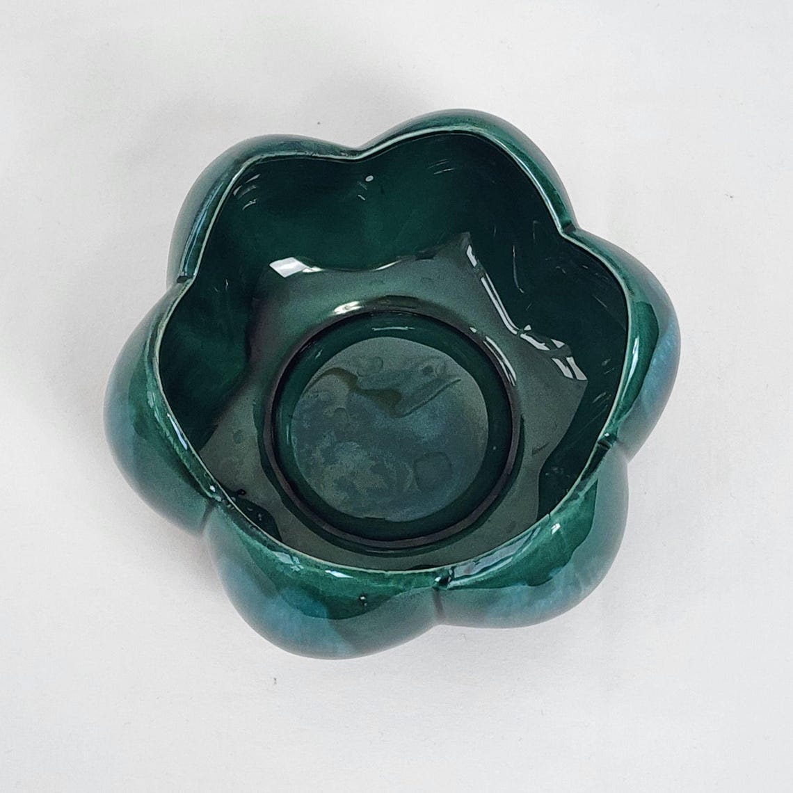 Vtg Japanese Ceramic Lotus Flower Bowl Teal Green Drip Glaze Planter ...