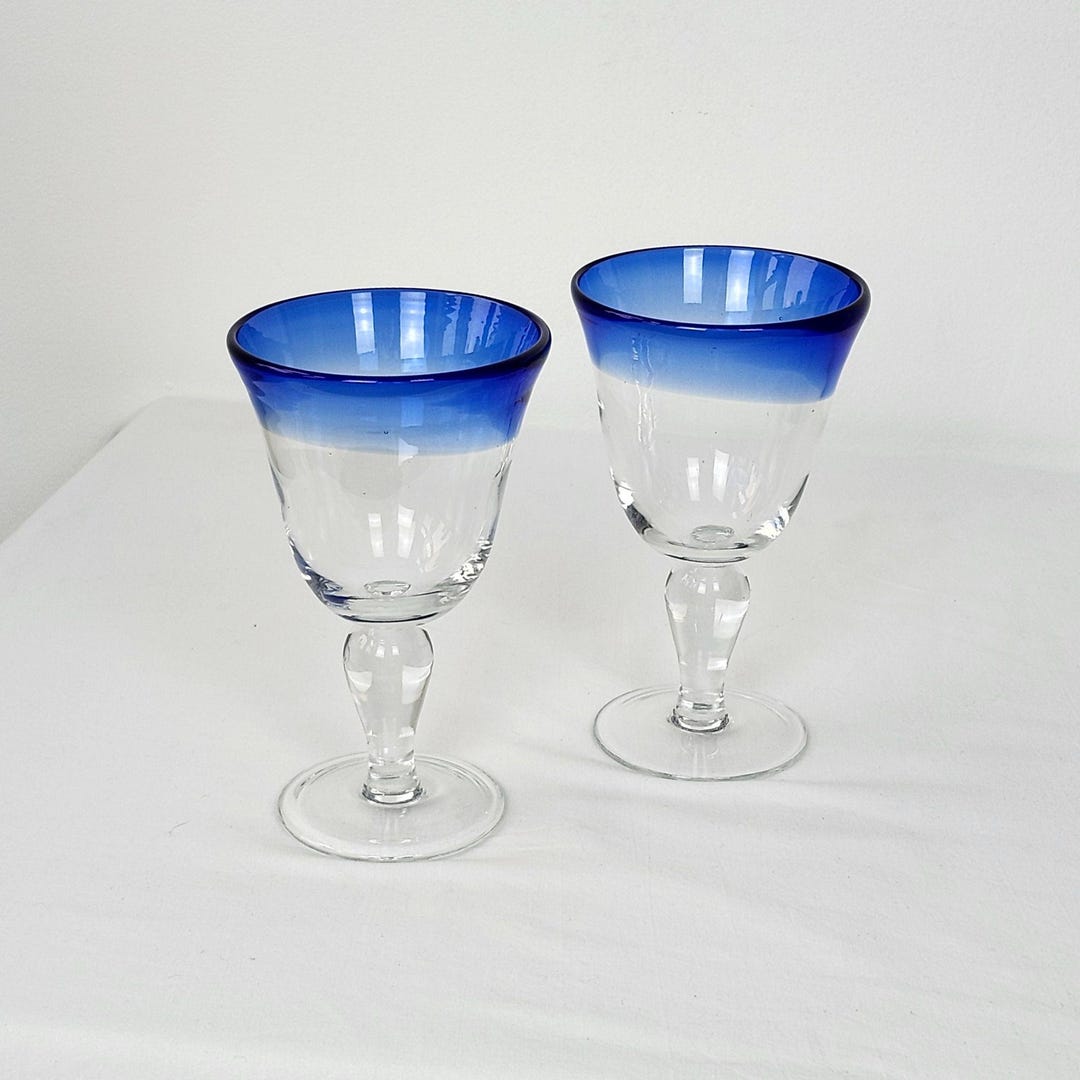 Pier 1 Mexican Glass Cobalt Blue Rim Water Goblets Wine Glasses Set of ...