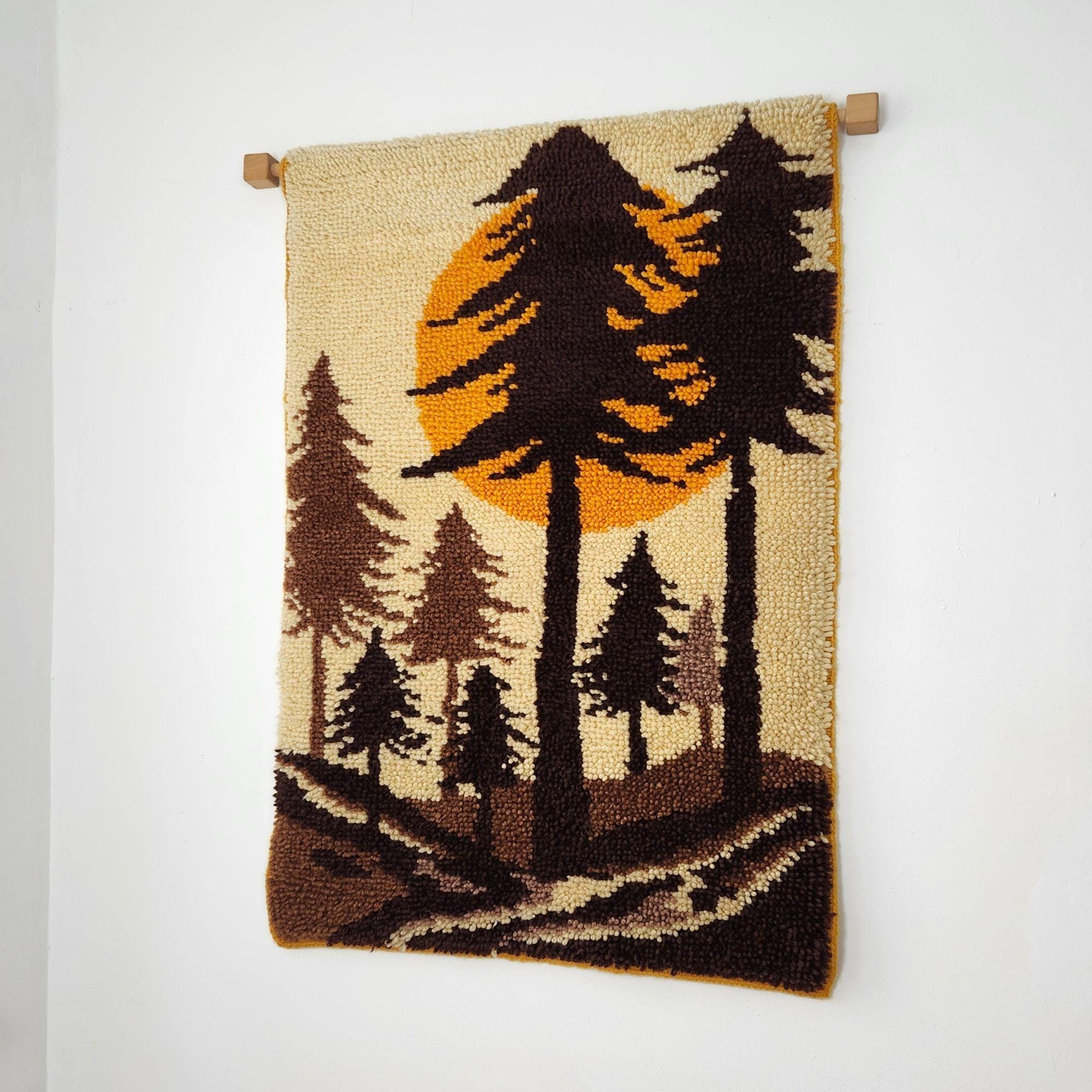 Vtg 70s Latch Hook Wall Art Tapestry Hanging Forest & Sunset Scene Boho ...