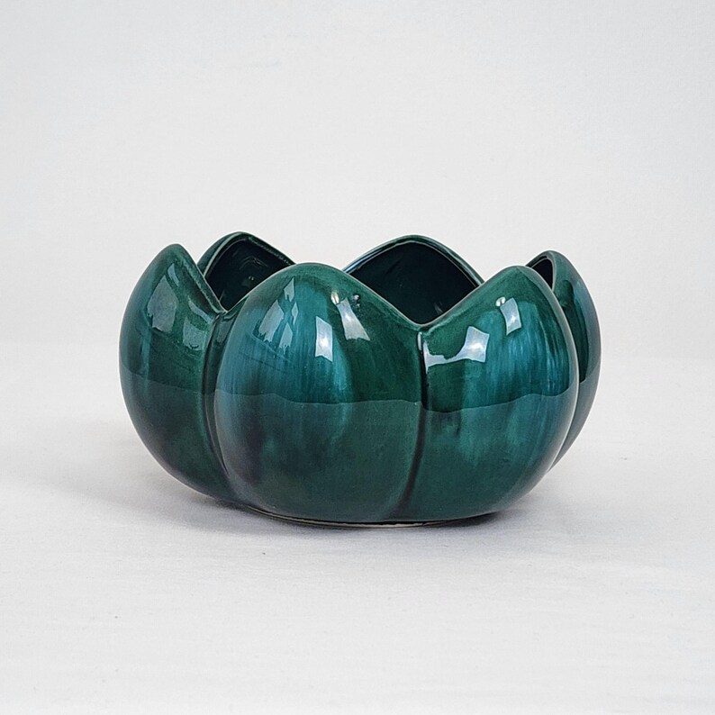 Vtg Japanese Ceramic Lotus Flower Bowl Teal Green Drip Glaze Planter ...
