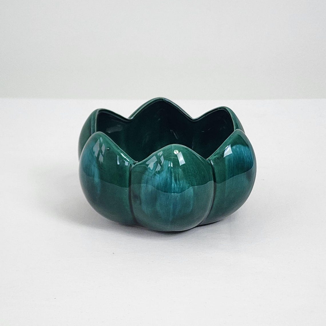 Vtg Japanese Ceramic Lotus Flower Bowl Teal Green Drip Glaze Planter ...