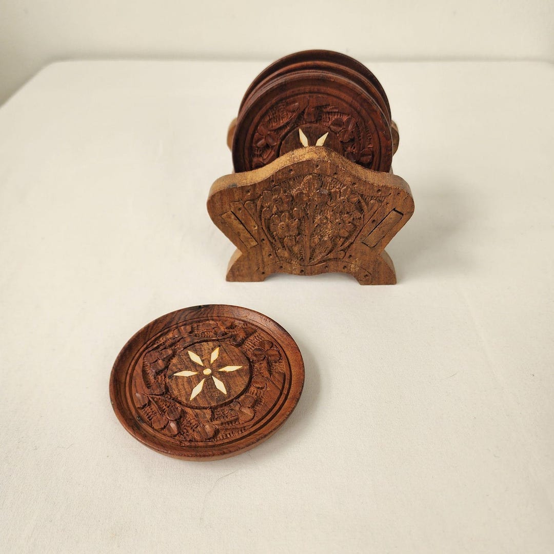 Hand Carved Sheesham Wood Coasters X6 in Holder Inlayed Flower Design ...