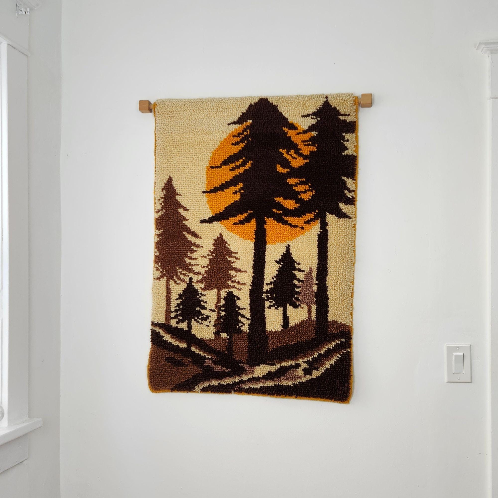 Vtg 70s Latch Hook Wall Art Tapestry Hanging Forest & Sunset Scene Boho ...