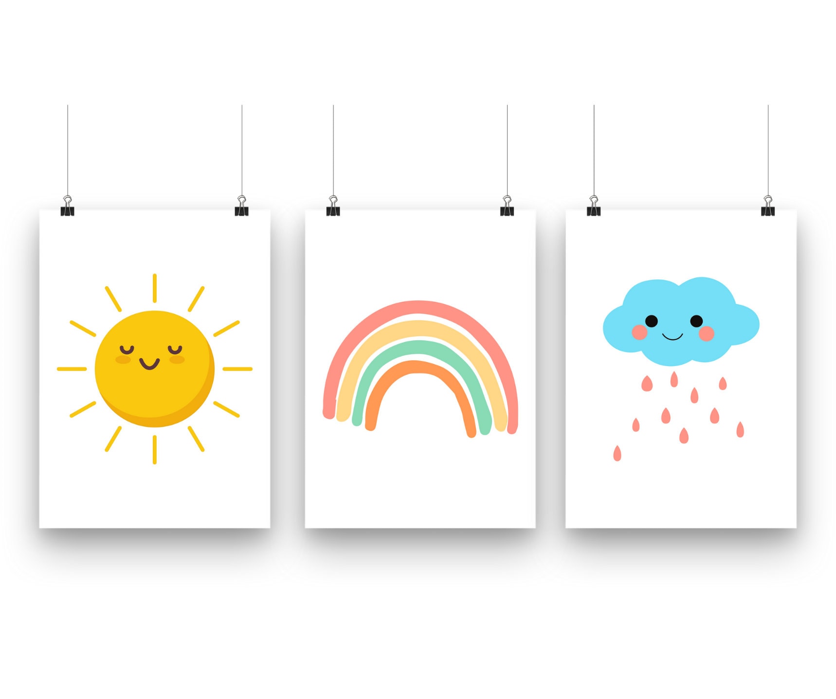 Set of 3 Sun Rainbow Cloud | Nursery Decor | Kids Room | Rain | Shower ...