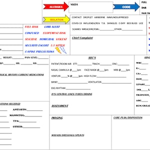 Printable ED Nurse Report Sheet, Single Patient Report Sheet, ED Nurse ...