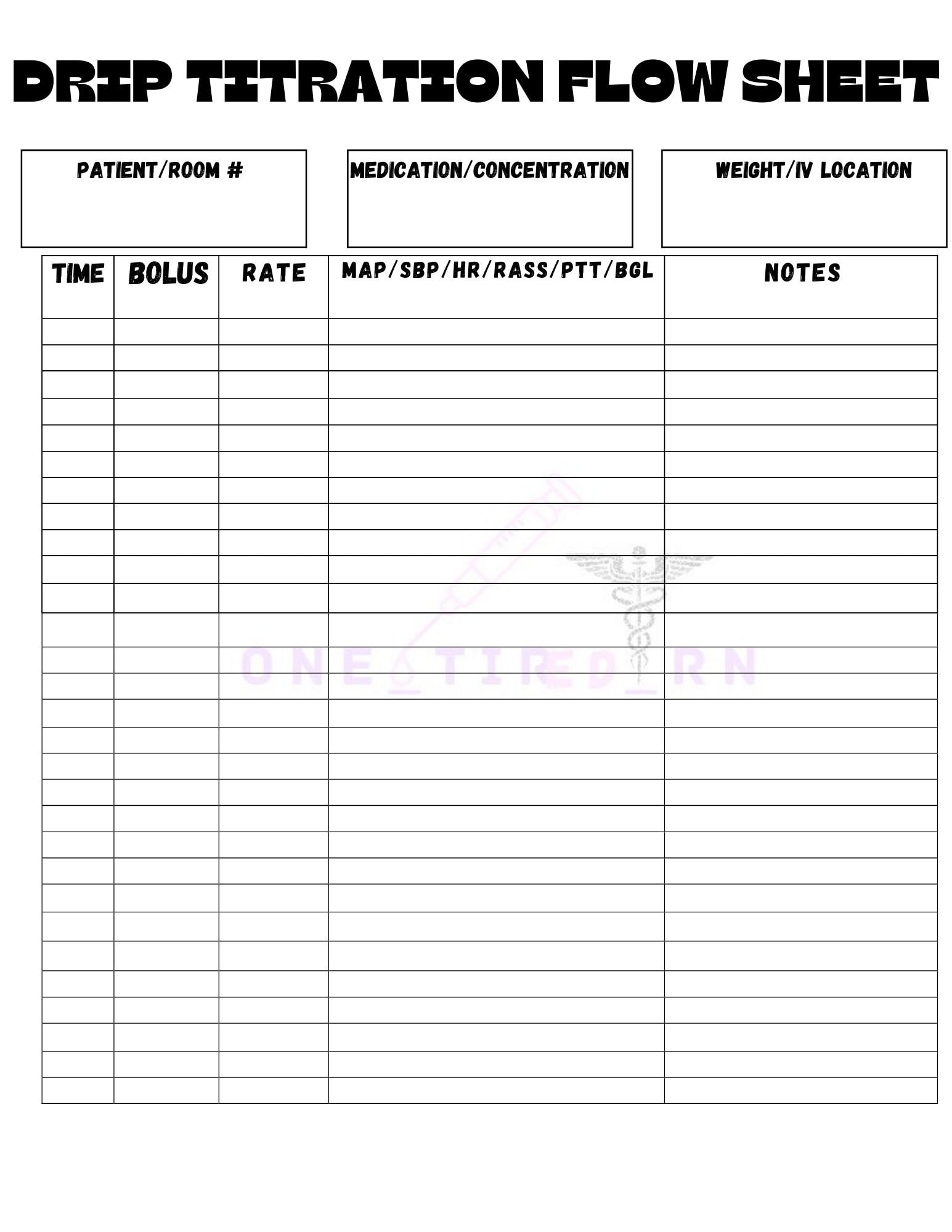 Nursing Printable Drip Titration Flow Sheet - Etsy