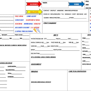 Printable ED Nurse Report Sheet, Single Patient Report Sheet, ED Nurse ...