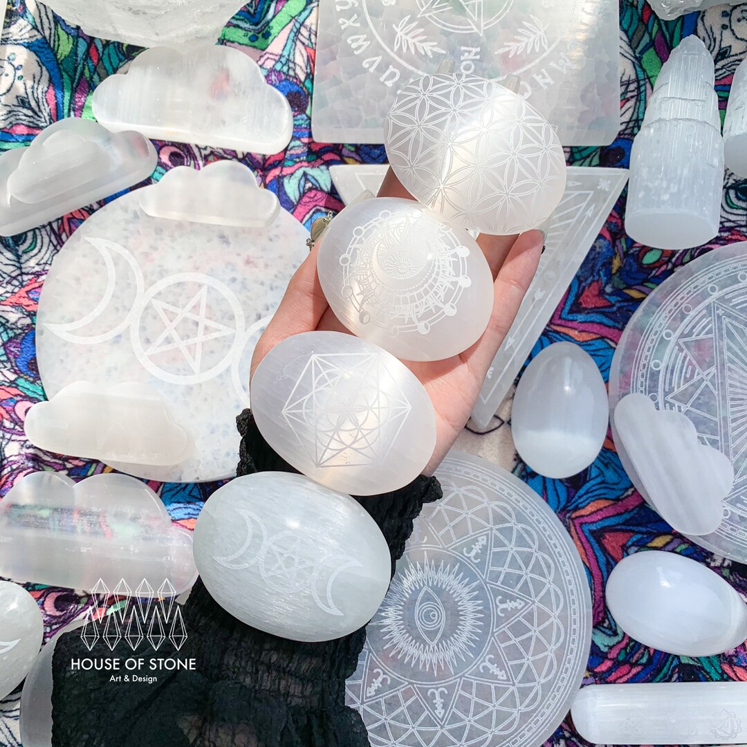 Etched Selenite Crystal Palm Stone/selenite Crystal Pocket Stone ...