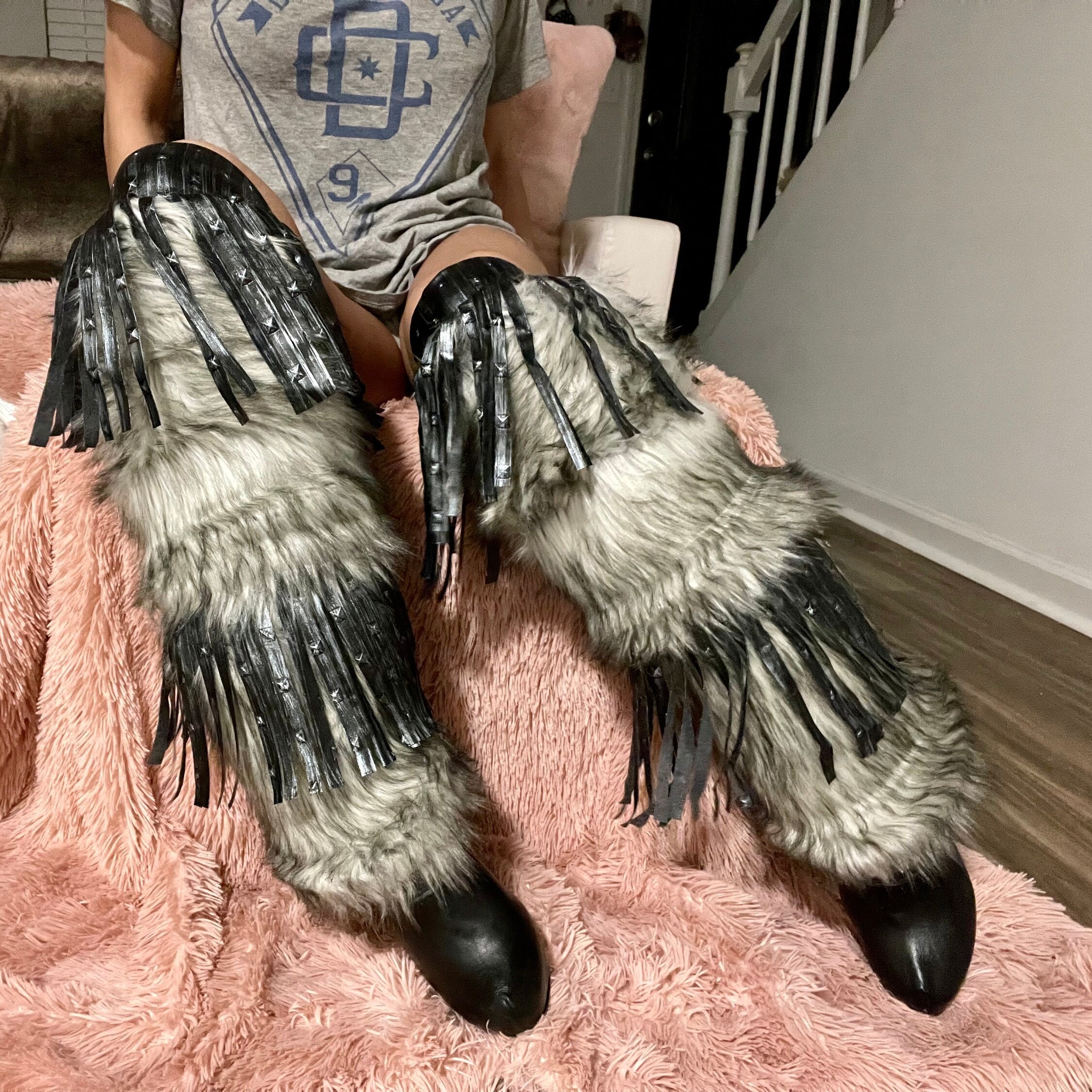 Vanity Legwear Valkyrie Fur Leg Warmer With Patent Leather Fringe - Etsy